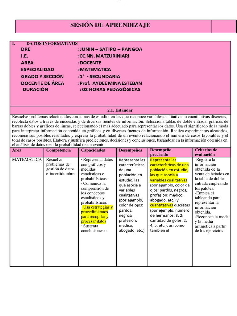 Sesion de Aprendizaje Matematica | PDF | Estadísticas | Probabilidad