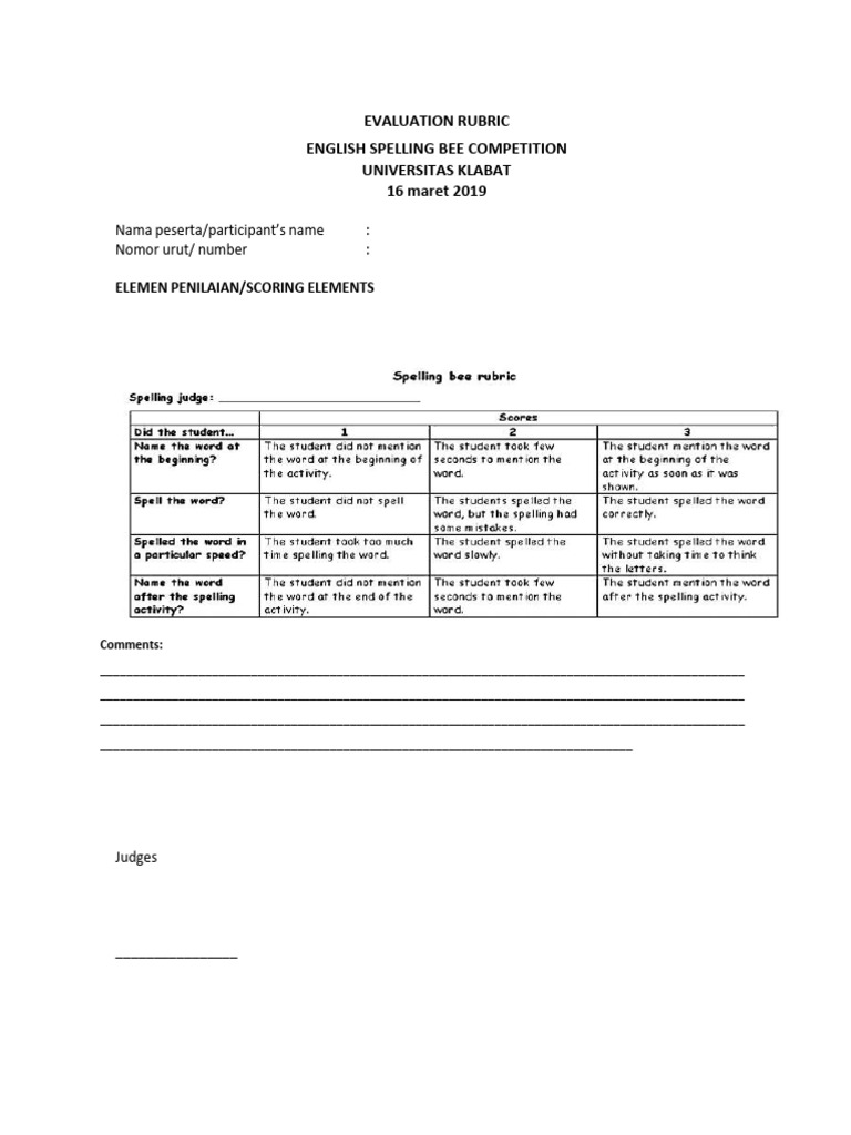 Spelling Bee Rubric | PDF | Lexicography | Phonetics