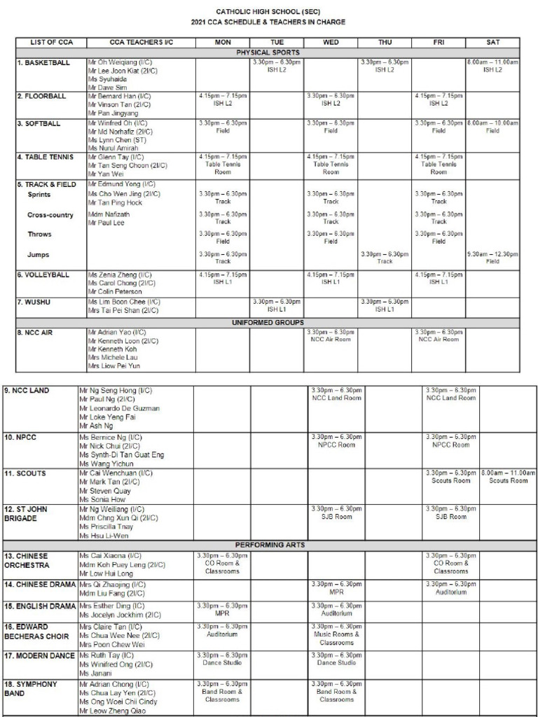 CHS 2021 S1 CCA Schedule | PDF