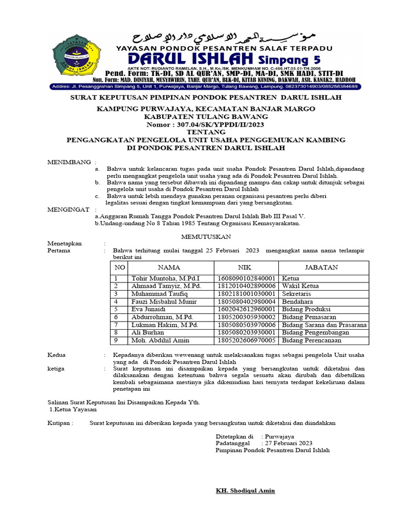 SK Unit Usaha Bisnis Pesantren | PDF