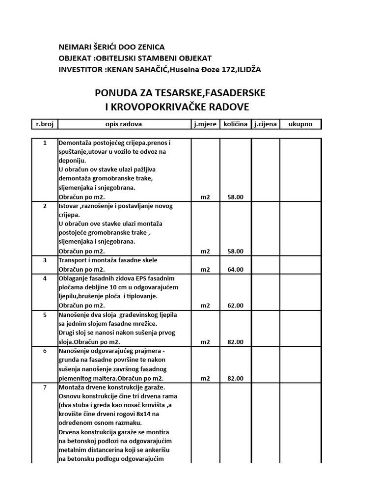 Kenan Sahačić Ponuda-Zidarski | PDF