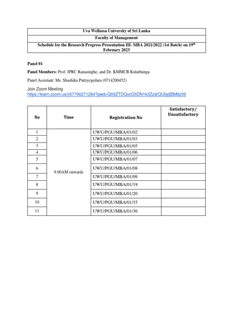 MBA Research Progress Presentation Schedule | PDF