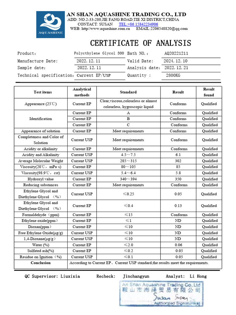 PEG 300 Certificate of Analysis | PDF | Viscosity | Polyethylene Glycol