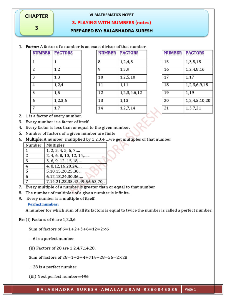VI-CBSE-Mathematics - 3 PLAYING WITH NUMBERS Notes WM | PDF | Prime ...