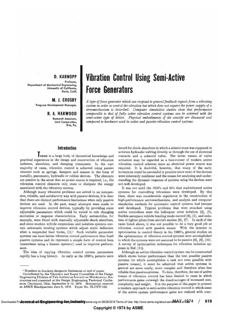 Vibration Control Using Semi-Active Force Generators: D. Karnopp | PDF ...