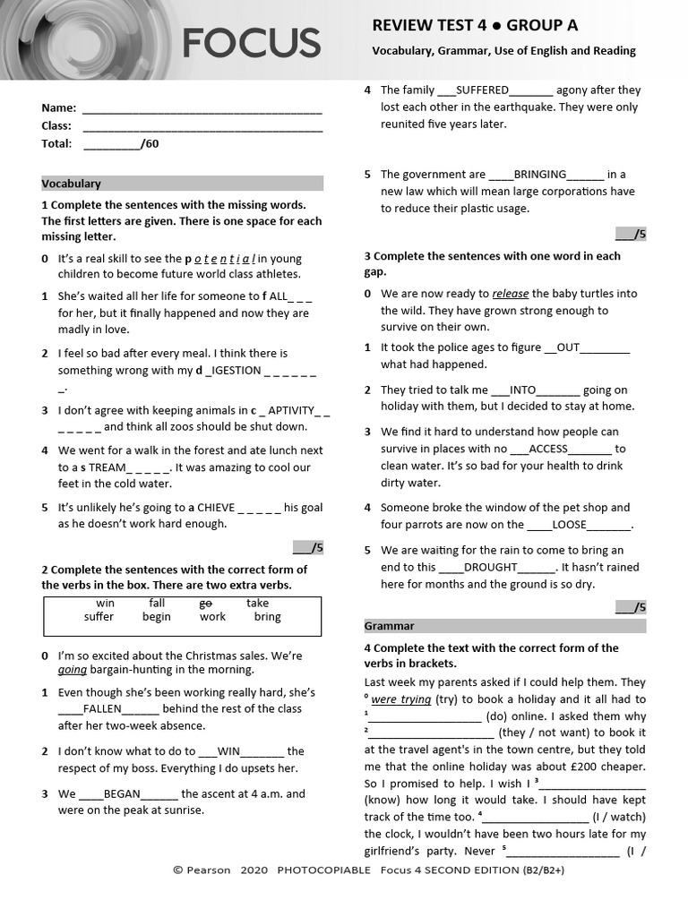 Focus4 2E Review Test 4 Units1 8 Vocabulary Grammar UoE Reading GroupA ...