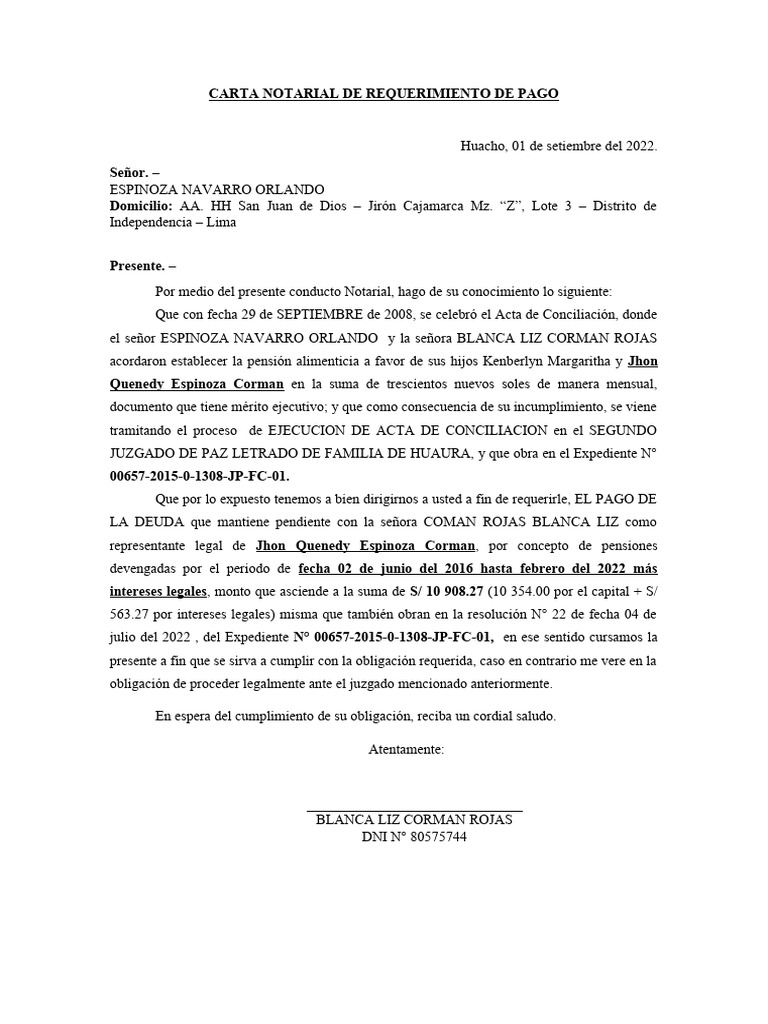 Carta Notarial de Requerimiento de Pago | PDF