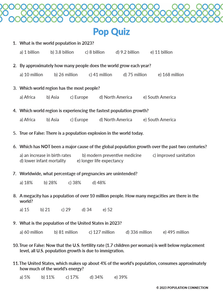 Pop Quiz | PDF | World Population | Population Growth