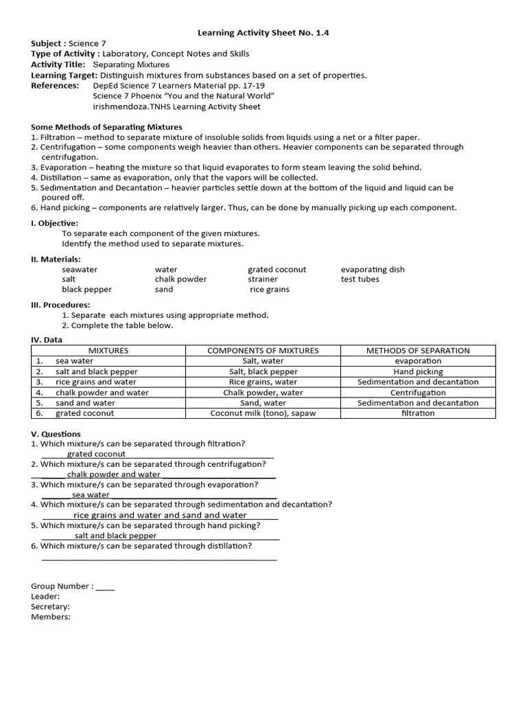 LAS 1.5 Separating Mixtures | PDF | Mixture | Filtration