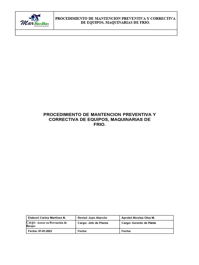 PTS Procedimiento de Mantencion Preventiva y Correctiva de Equipos, Maquinarias de Frio e ...