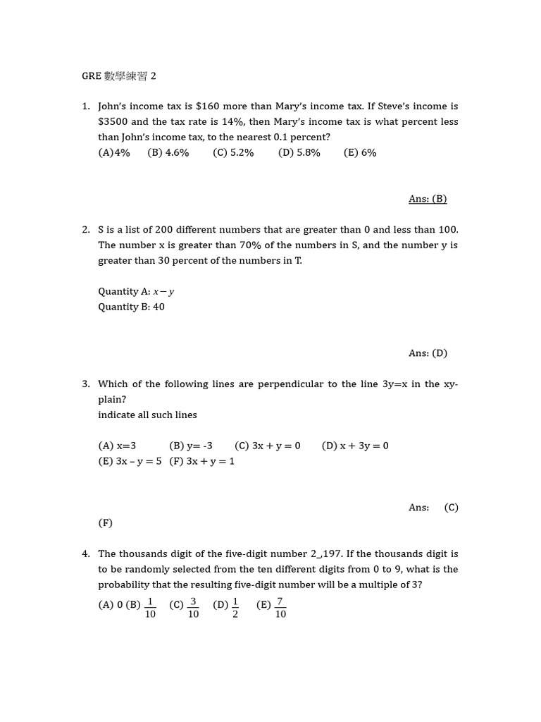 GRE 數學練習 2 | PDF | Elementary Mathematics | Taxes