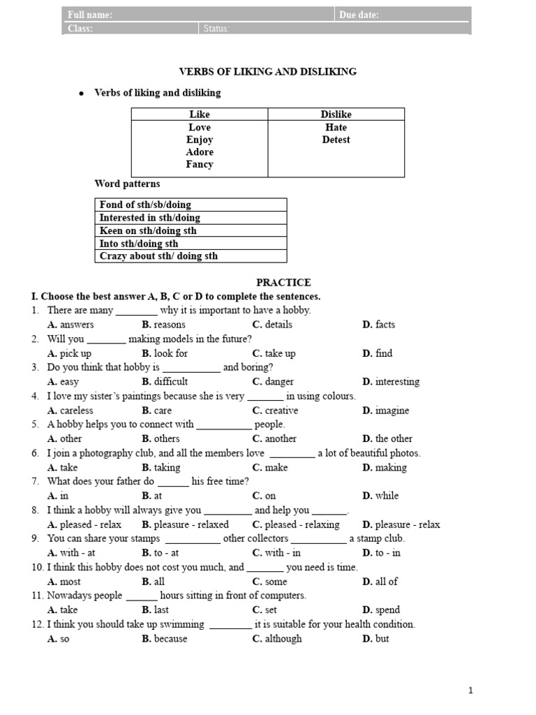 Verbs of Liking and Disliking | PDF | Postage Stamp | Hobbies