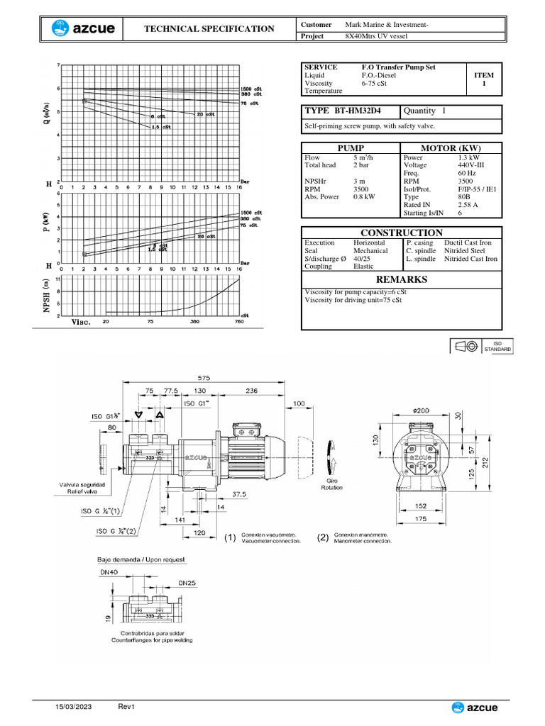 Technical Specification - 8X40Mtrs UV Vessel - Rev1 | PDF | Pump | Engines