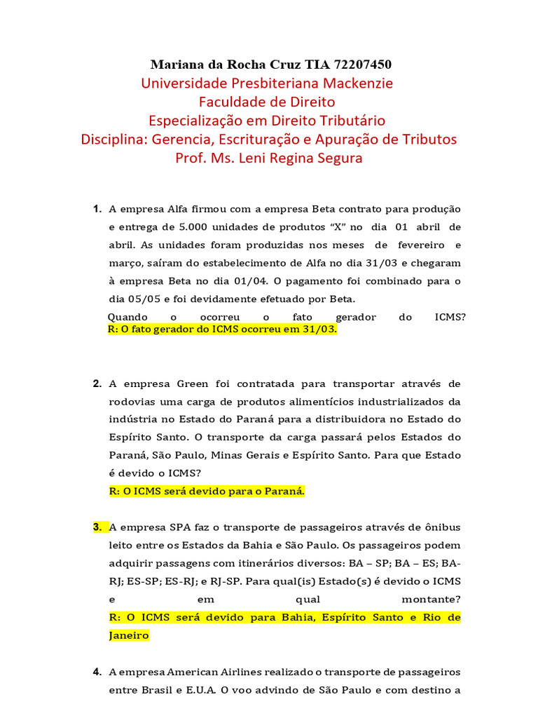 Exercício ICMS - Mariana 72207450 | PDF | Impostos | Economias