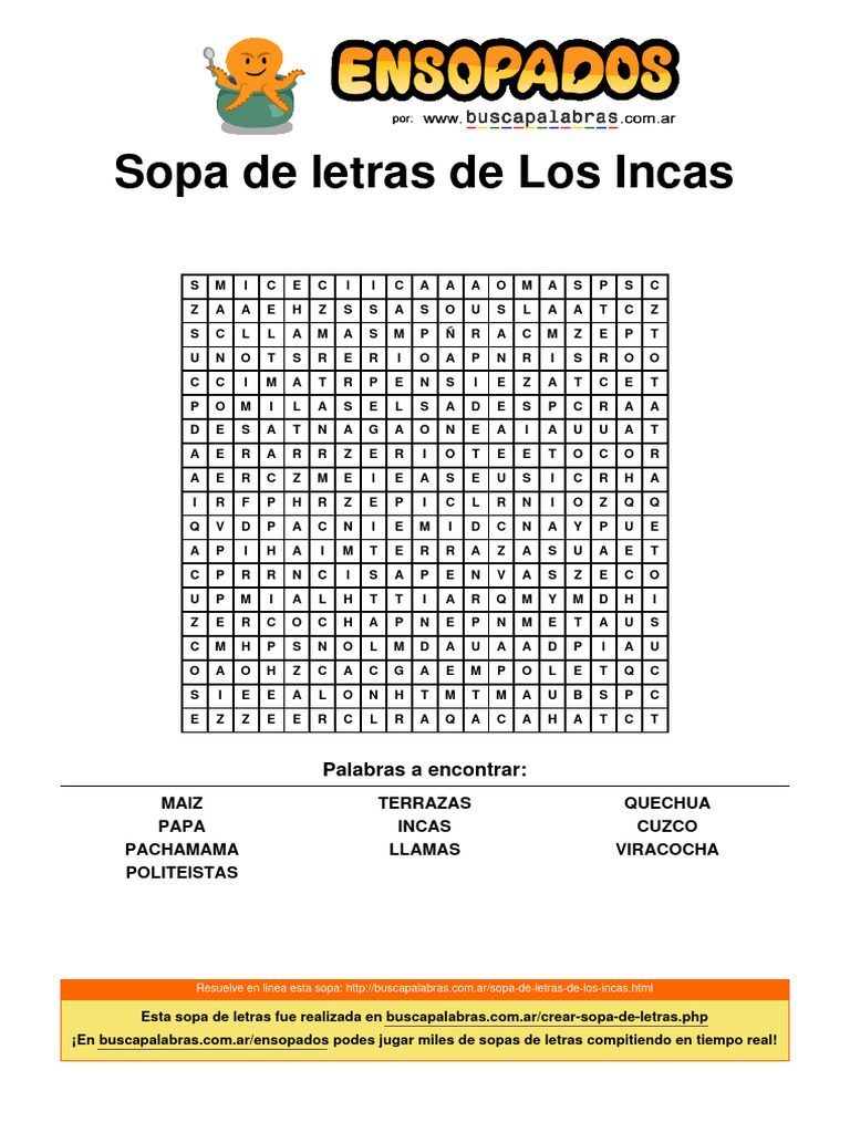 Sopa de Letras de Los Incas | PDF | Andes | Perú