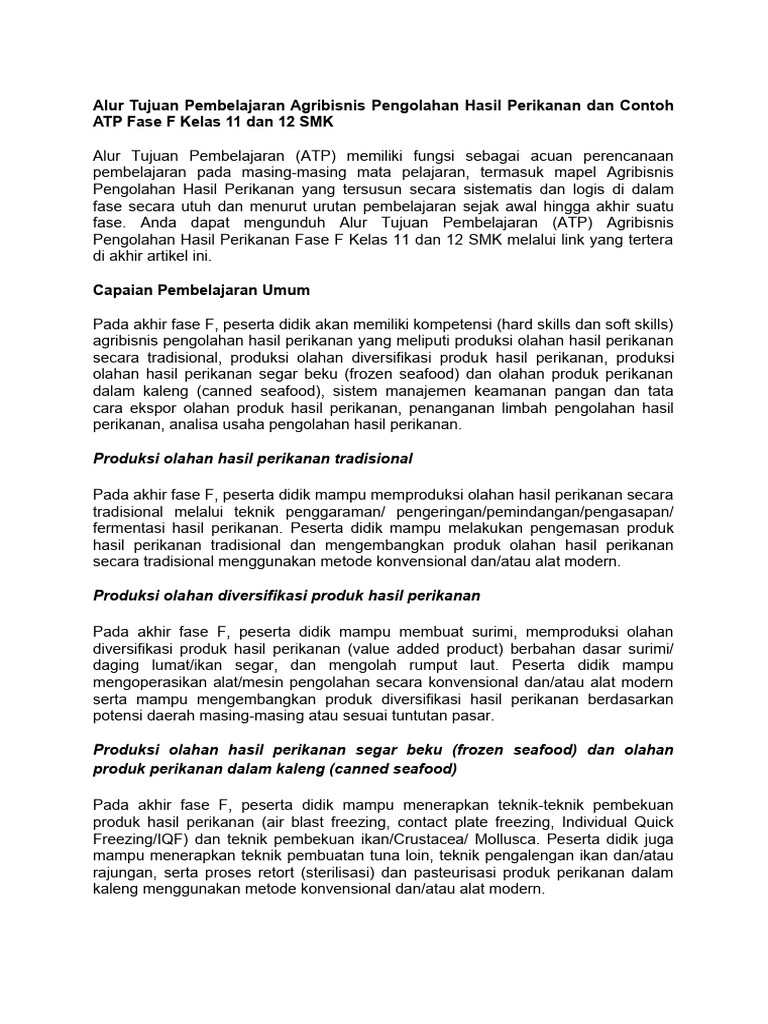 Alur Tujuan Pembelajaran Agribisnis Pengolahan Hasil Perikanan Dan Contoh ATP Fase F Kelas 11 ...