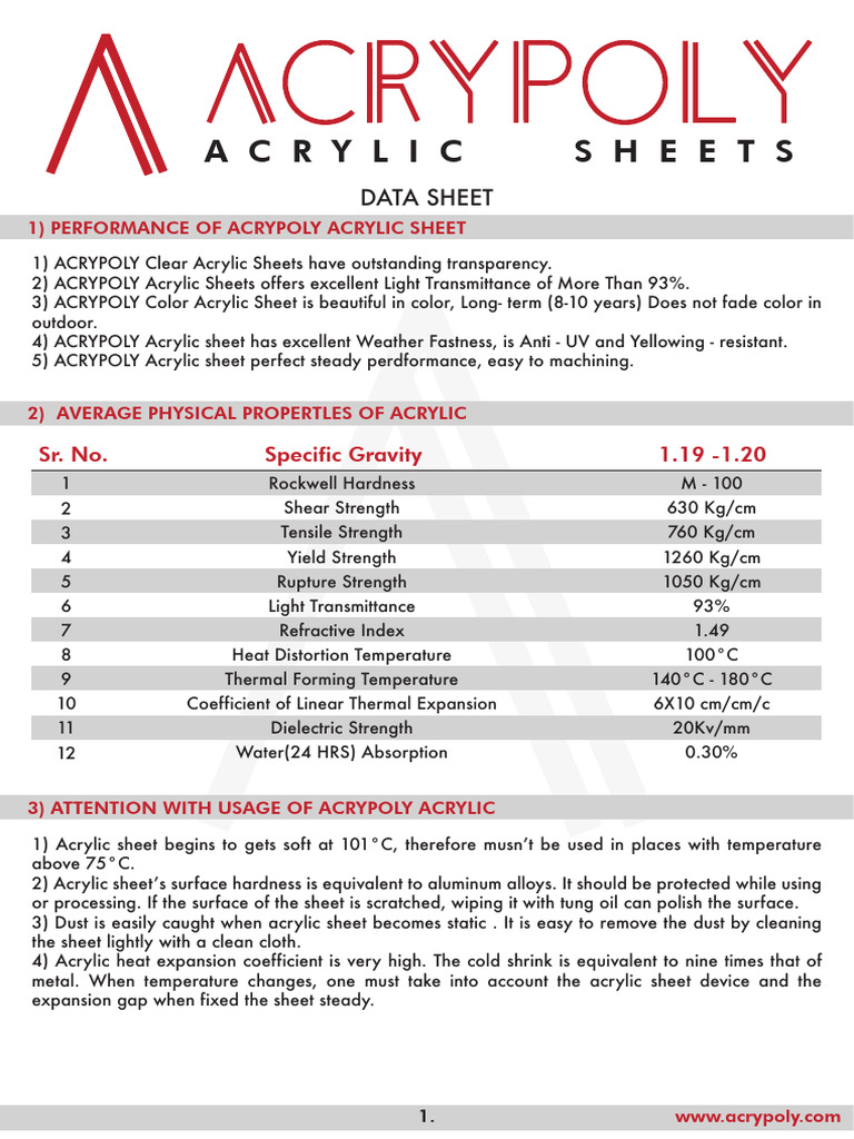 Acrypoly Cast Acrylic - Data Sheet | PDF | Poly(Methyl Methacrylate ...