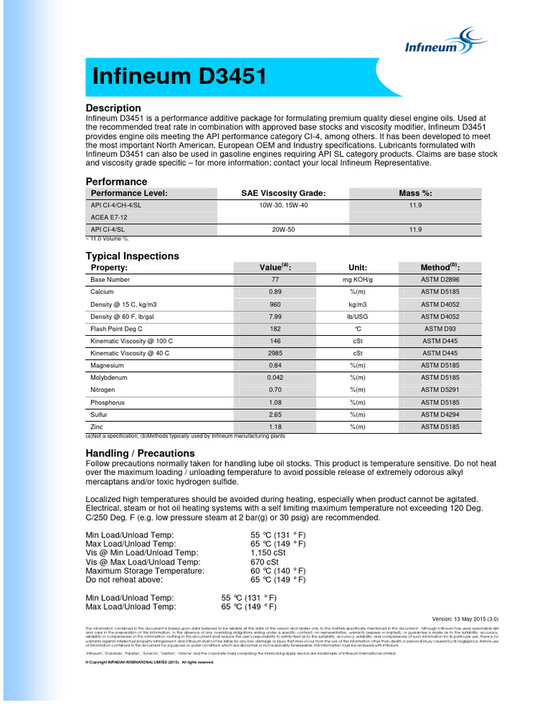 Infineum D3451 | PDF | Motor Oil | Chemistry