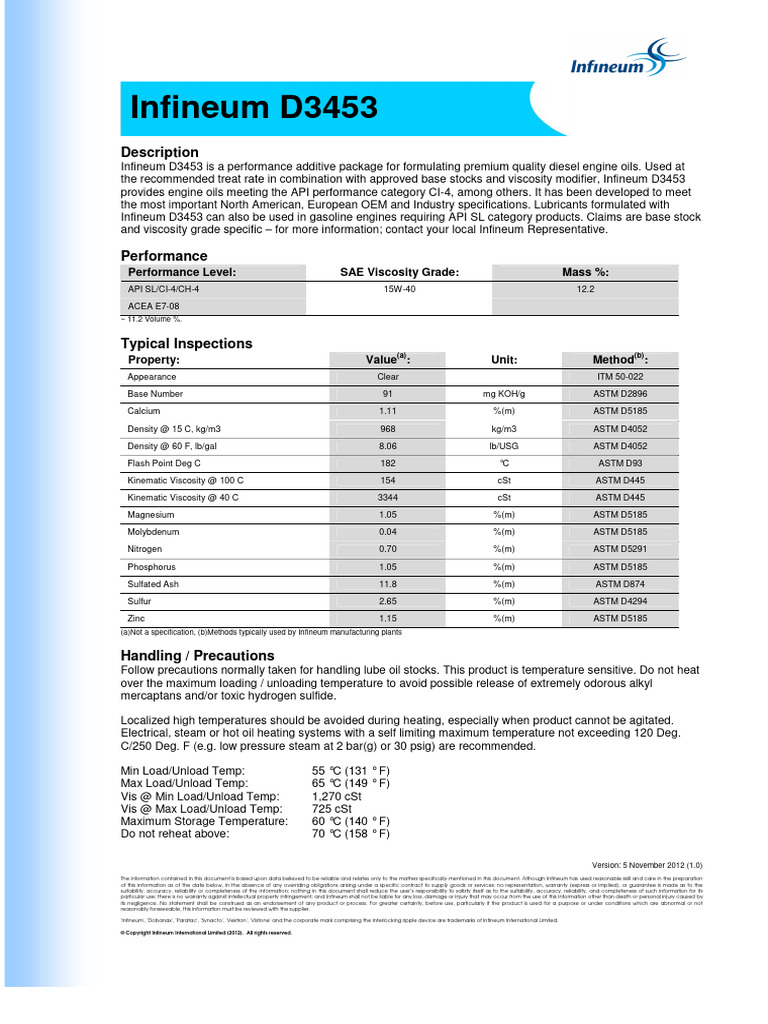 Infineum D3453 | PDF | Motor Oil | Materials