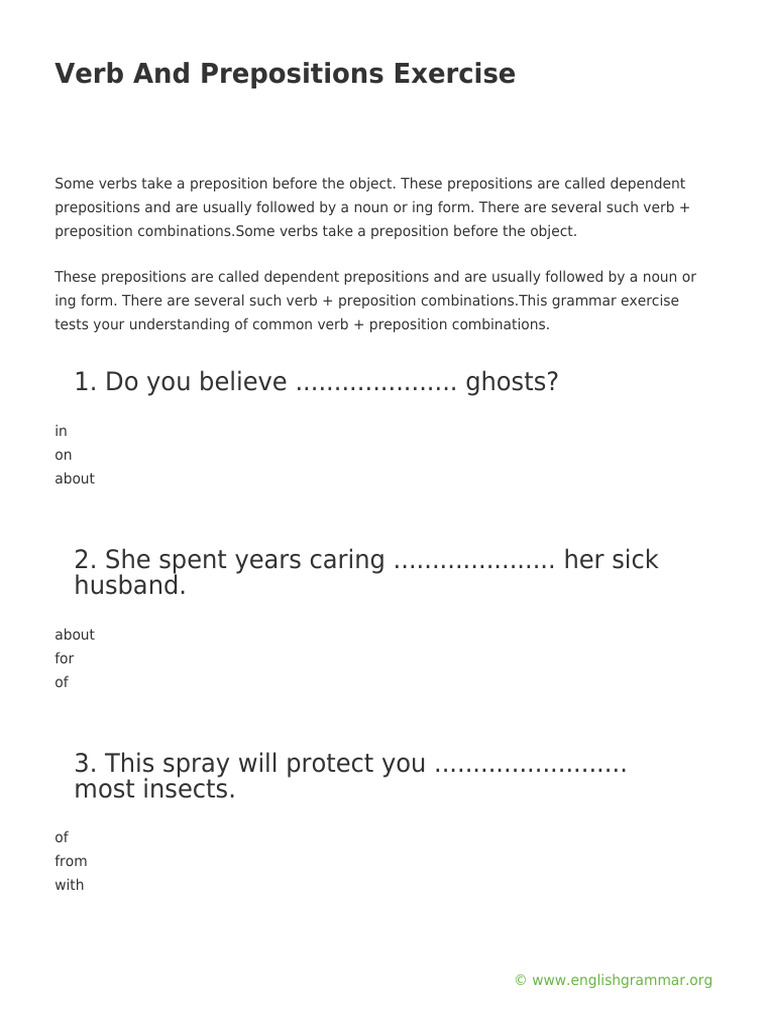 Verb And Prepositions Exercise | PDF | Preposition And Postposition | Verb