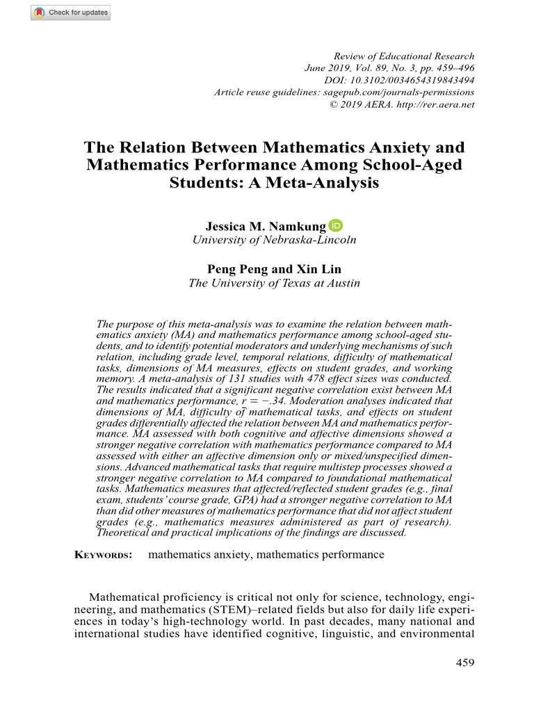 Namkung Et Al 2019 The Relation Between Mathematics Anxiety and Mathematics Performance Among ...