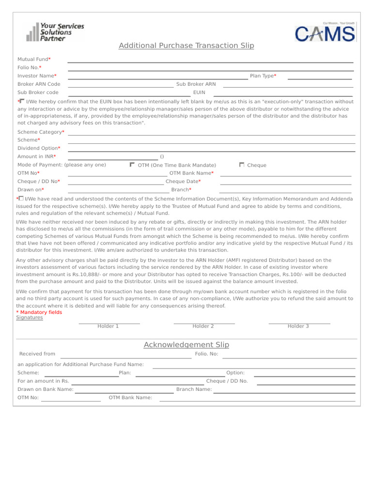 Additional Purchase Transaction Slip | PDF | Mutual Funds | Banks