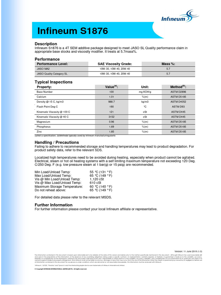 Infineum S1876 | PDF | Motor Oil | Physical Sciences