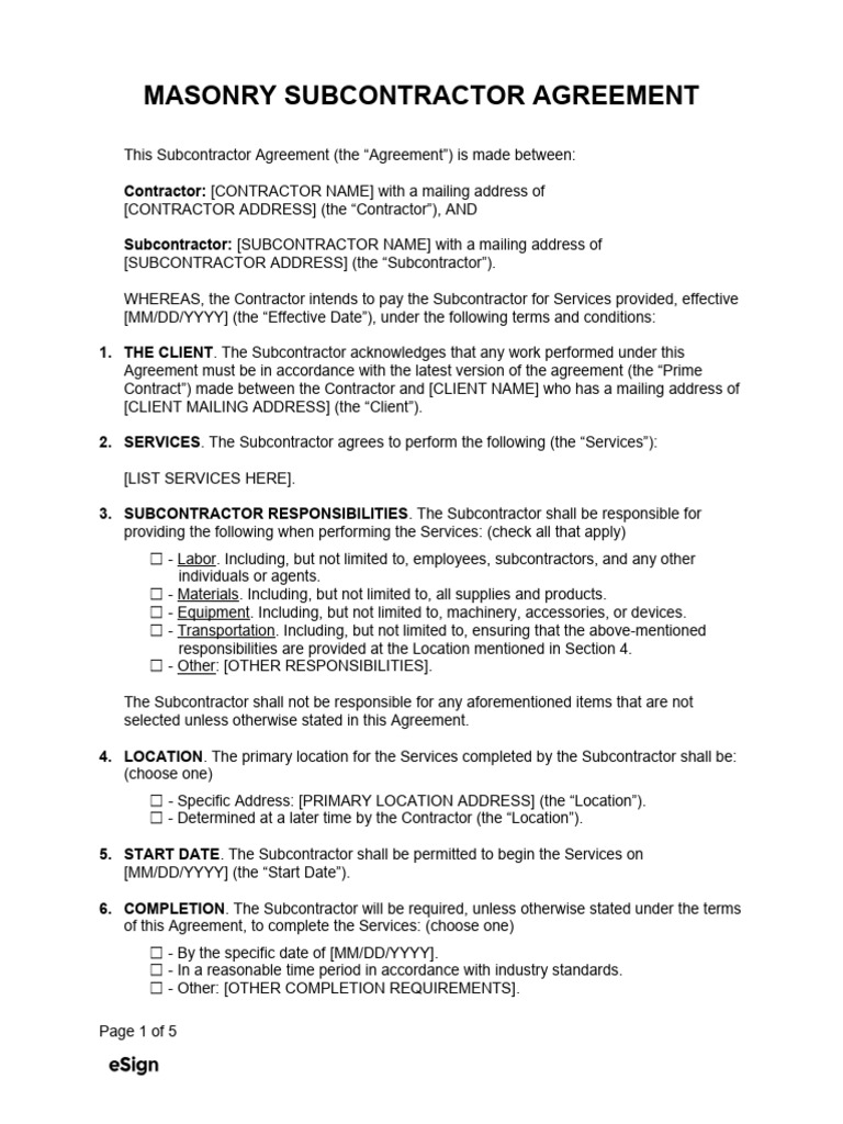 Masonry Subcontractor Agreement Template | PDF | Mediation | Liability ...