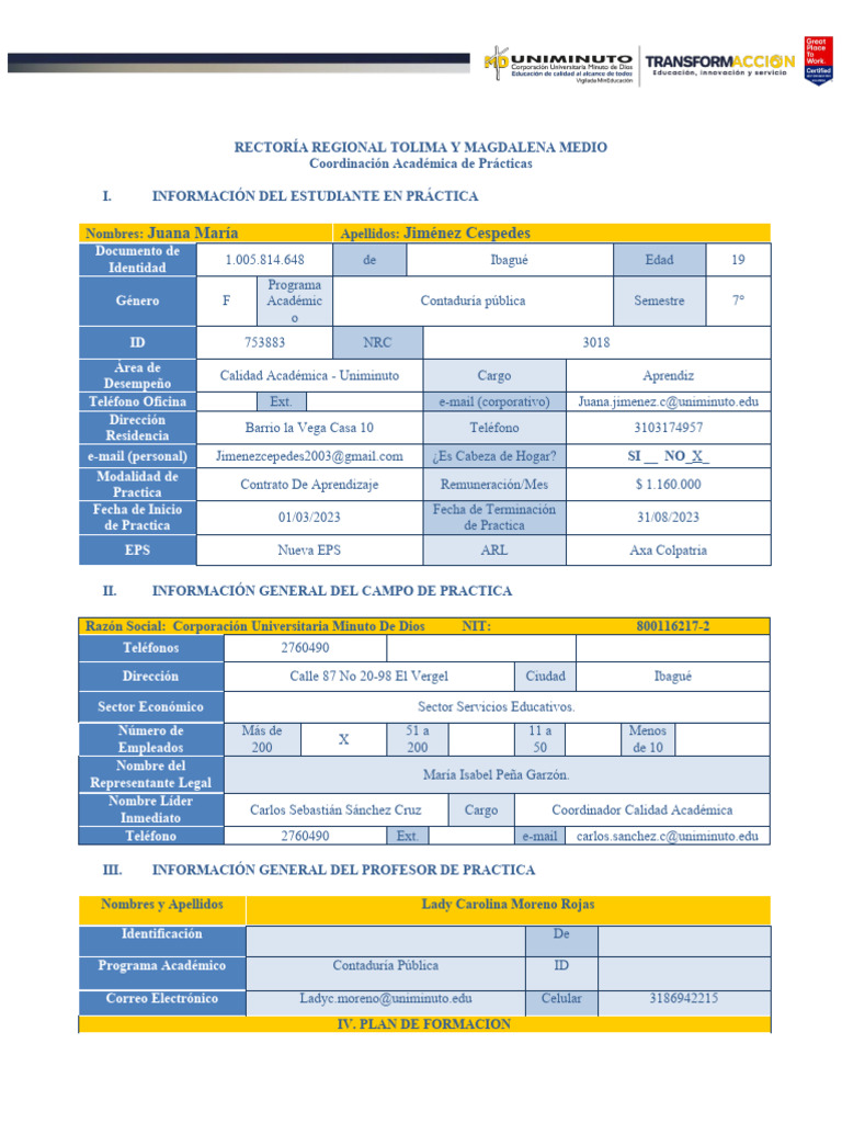 Plan Formativo de Prácticas Aprendiz - Juana María Jimenez Cespedes | PDF