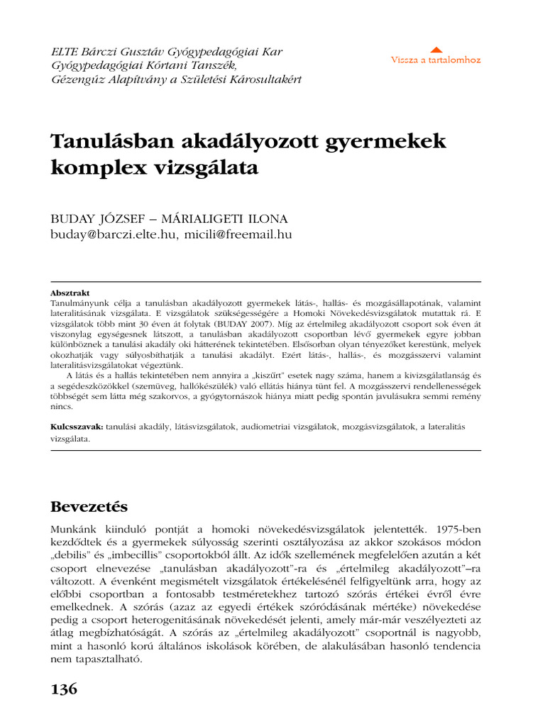 Tanulásban akadályozott gyermekek vizsgálata | PDF