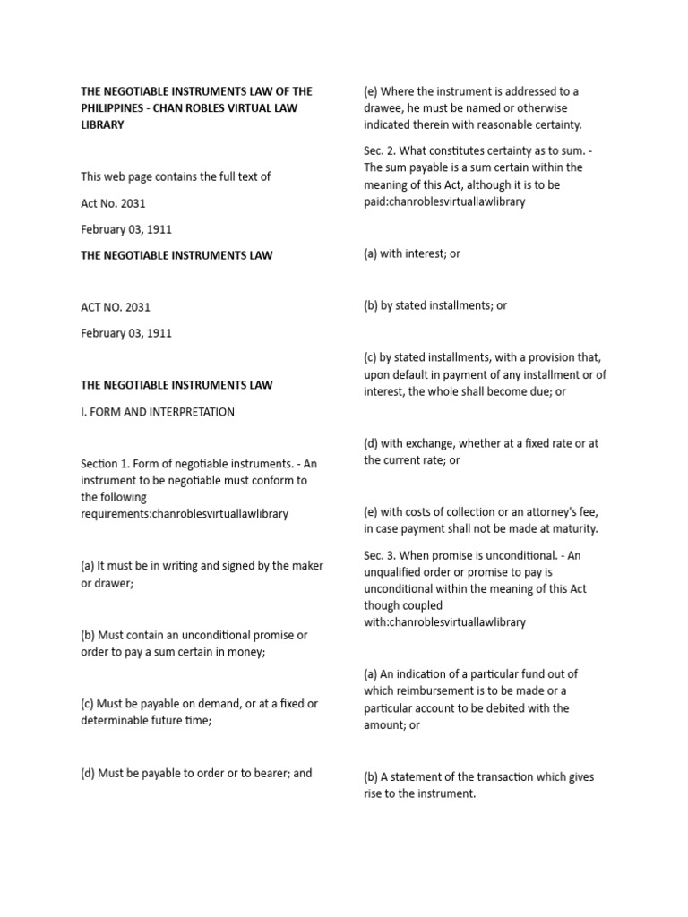 The Negotiable Instruments Law of The Philippines | PDF | Law Of Agency ...
