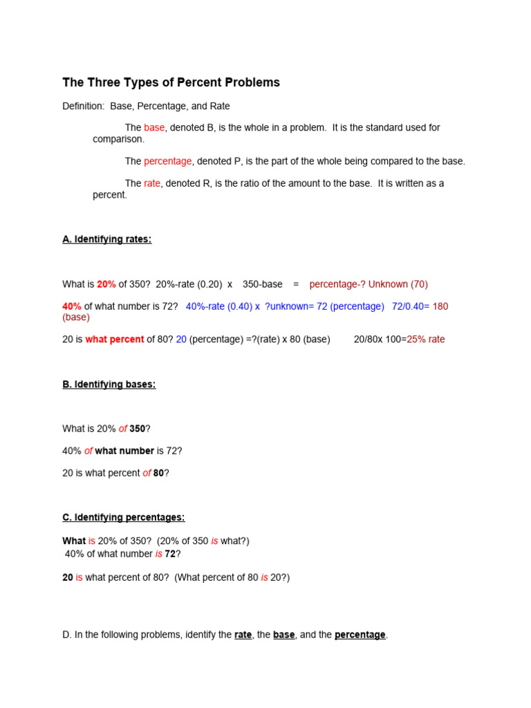 The Three Types Of Percent Problems Pdf Percentage Equations