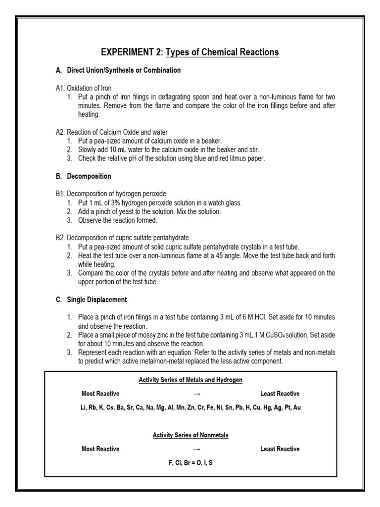 Types of Chemical Reactions Lab | PDF | Chemical Reactions | Chemistry