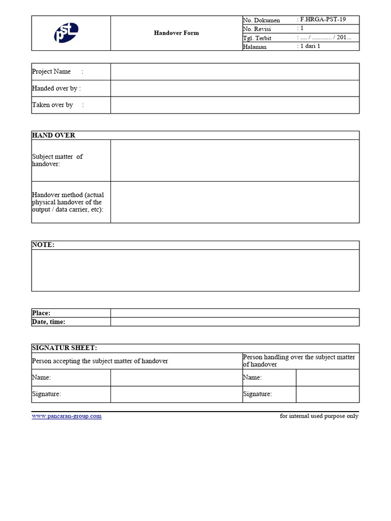 F.HRGA-PST-19 (Handover Form) | PDF