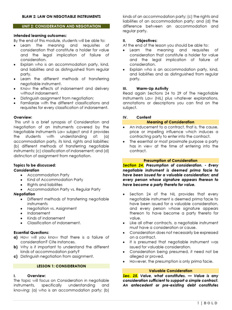 BLAW 2 - UNIT 2 - LESSON 1 2 - Consideration and Negotiation | PDF | Assignment (Law ...