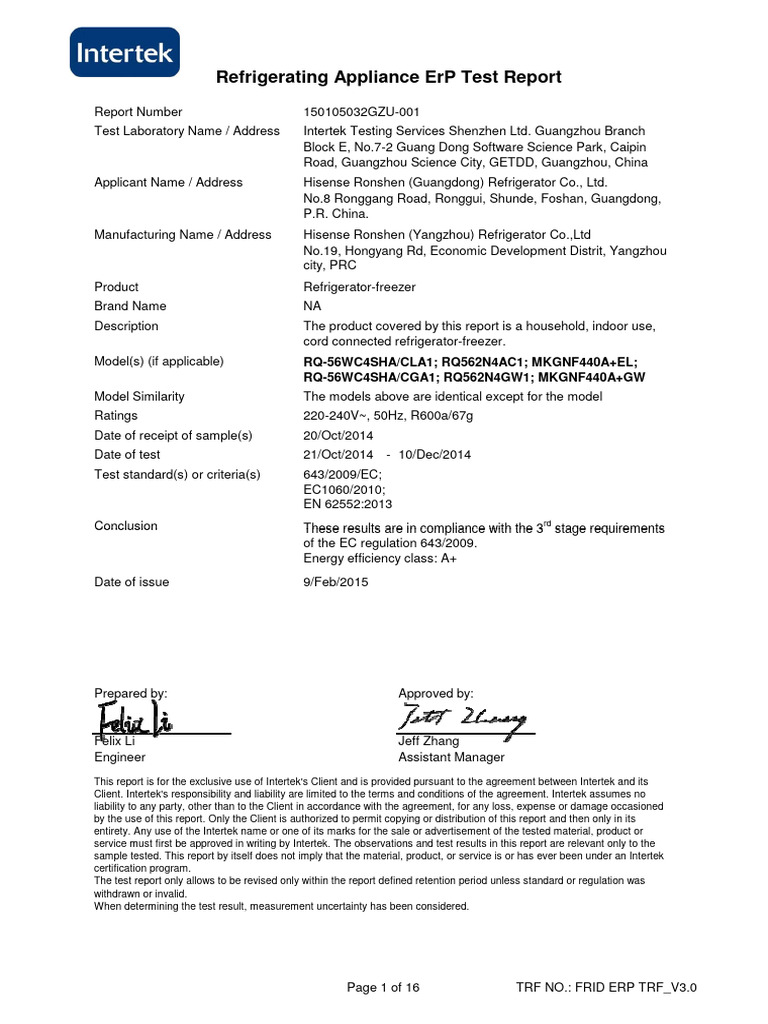 Hisense Refrigerator ErP Test Report | PDF | Refrigerator | Electrical ...