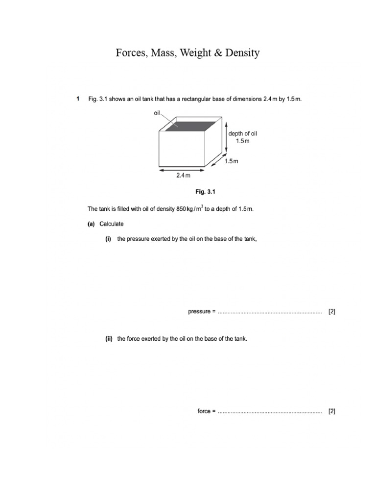 cie igcse physics 0625 Forces Mass Weight and density past paper questions | PDF