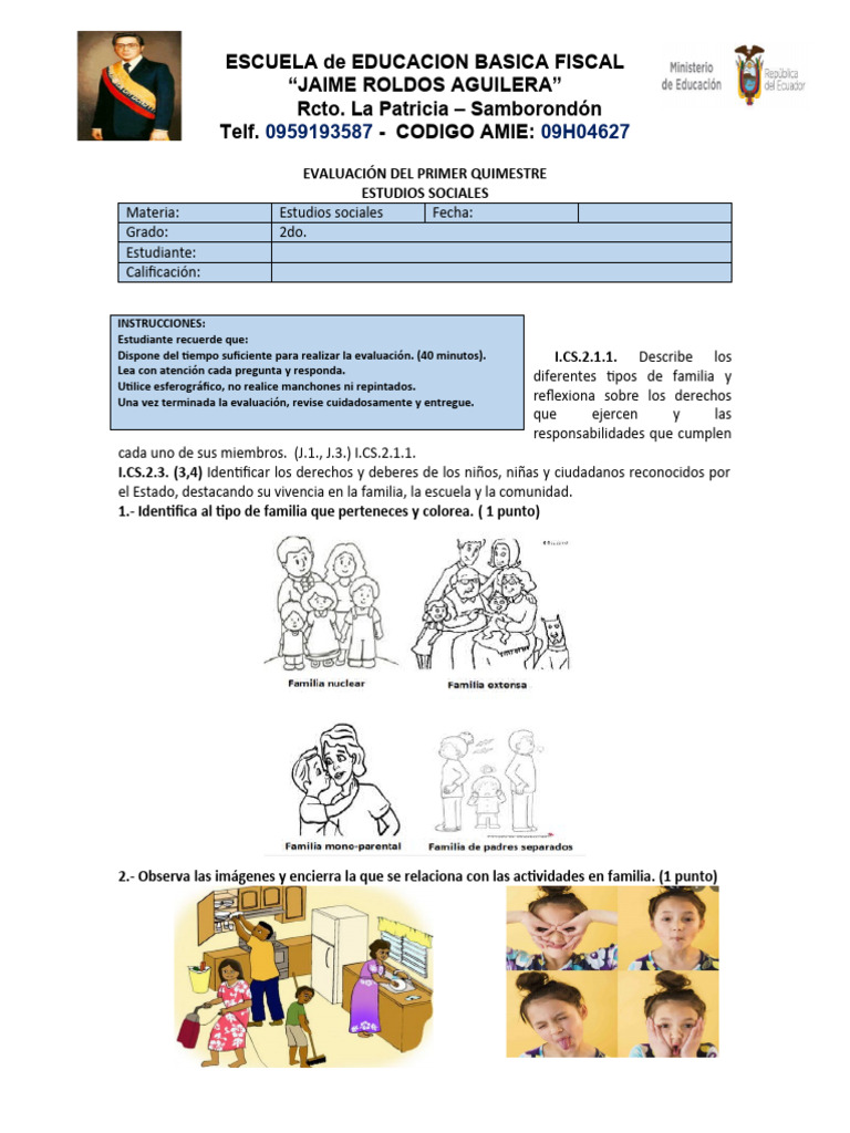 Evaluación Quimestre 1 ELEMENTAL EESS 2°,3°,4° | PDF