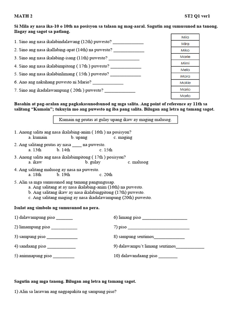 MATH 2 ST2 Q1 Ver1 | PDF