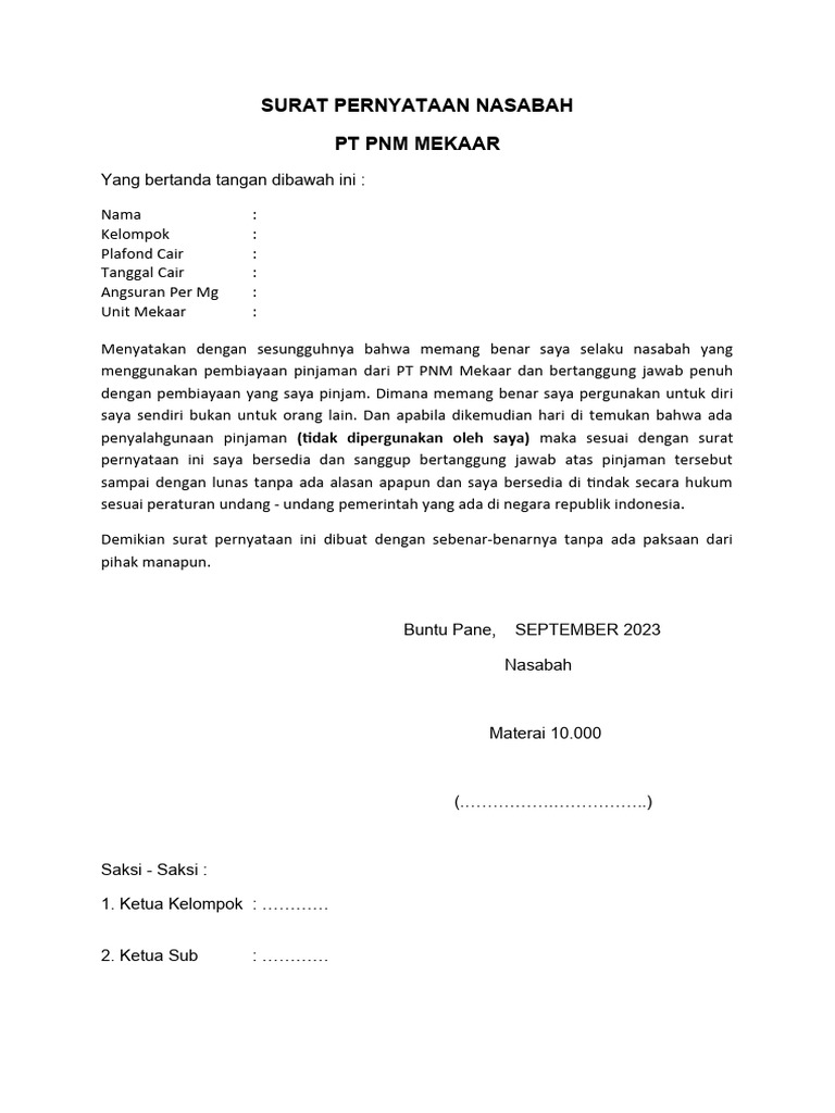Surat Pernyataan Nasabah | PDF