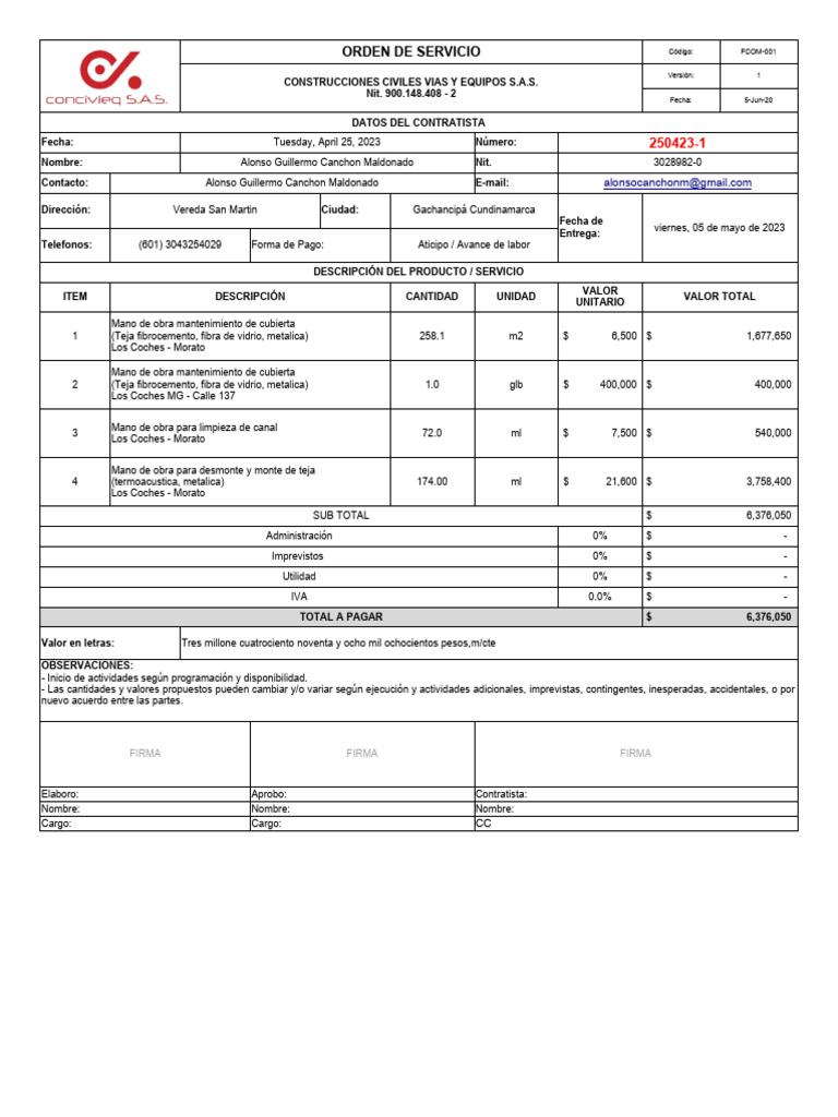 Modelo Orden de Servicio Concivieq | Descargar gratis PDF | Sector ...