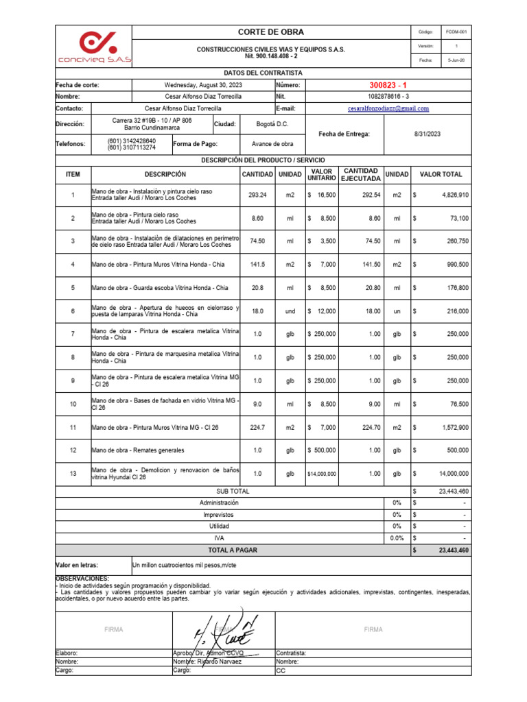 Modelo Corte de Obra | PDF