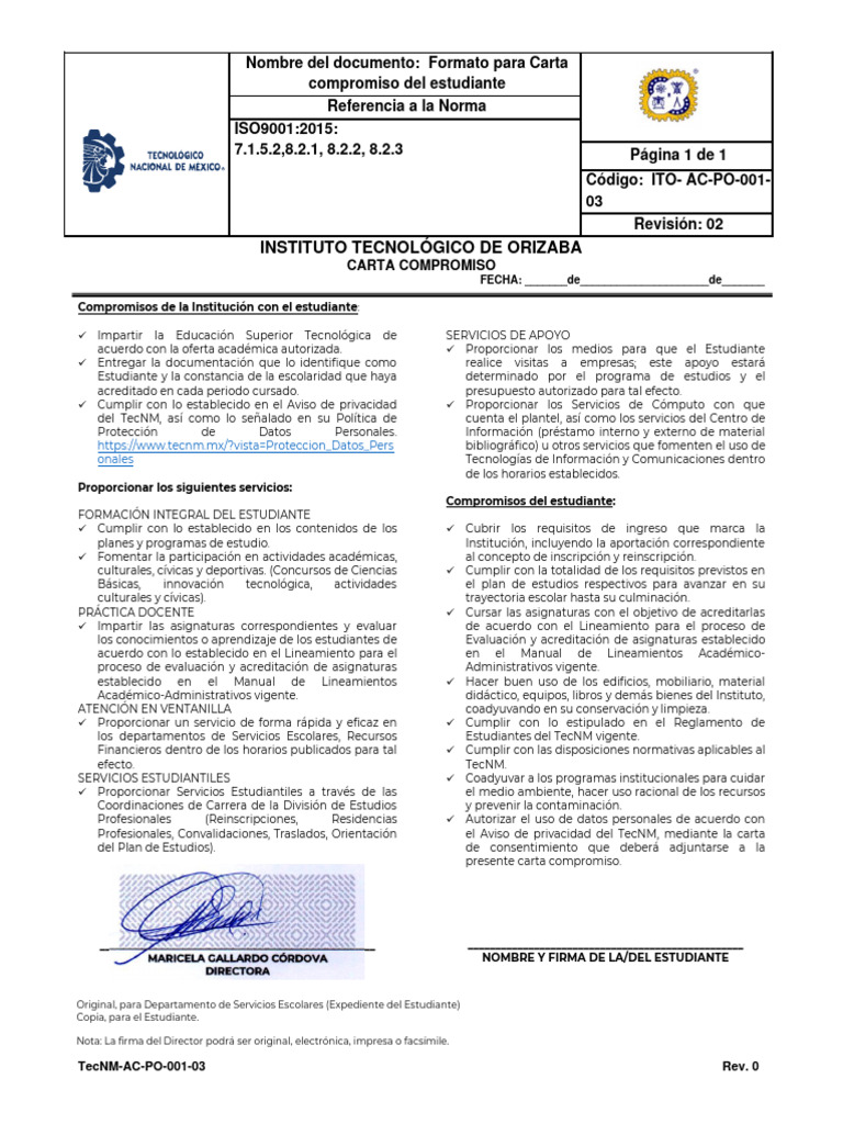 CartaCompromisoEst ITO AC PO 001 03 | PDF | Plan de estudios | Evaluación