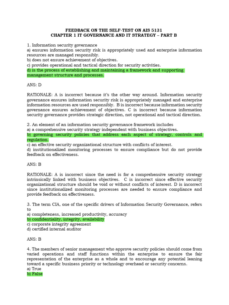 Feedback on AIS 5131 Self-Test Answers | PDF | Information Security ...