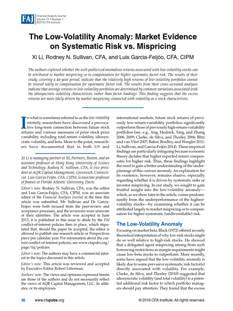 The Low Volatility Anomaly Market Evidence On Systemic Risk Vs ...
