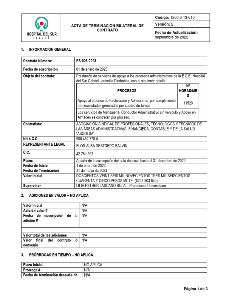 Acta de Terminacion Bilateral de Contrato 008-2023 | PDF