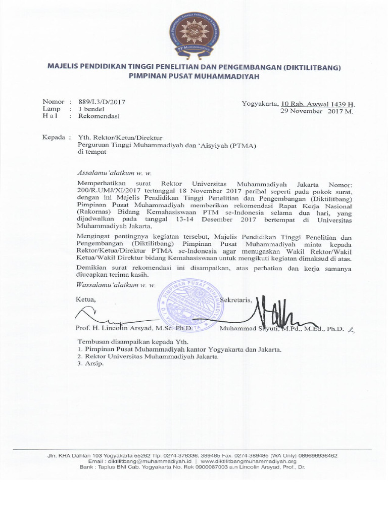 Surat Rekomendasi Rakernas Majelis Diktilitbang PPM | PDF Surat Rekomendasi Rakernas Majelis Diktilitbang PPM | PDF
