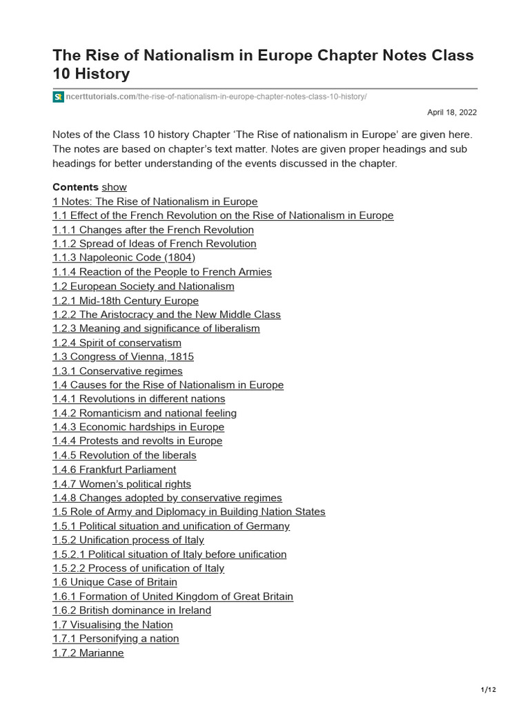 The Rise of Nationalism in Europe Chapter Notes Class 10 History | PDF ...