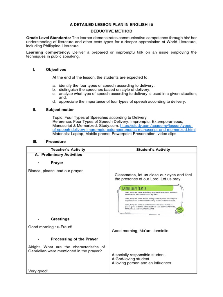 Grade 10 Speech Delivery Lesson Plan | PDF | Prayer | Speech