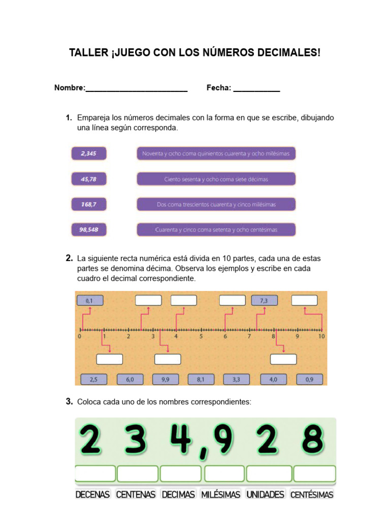 TALLER 1, Los Numeros Decimales | PDF
